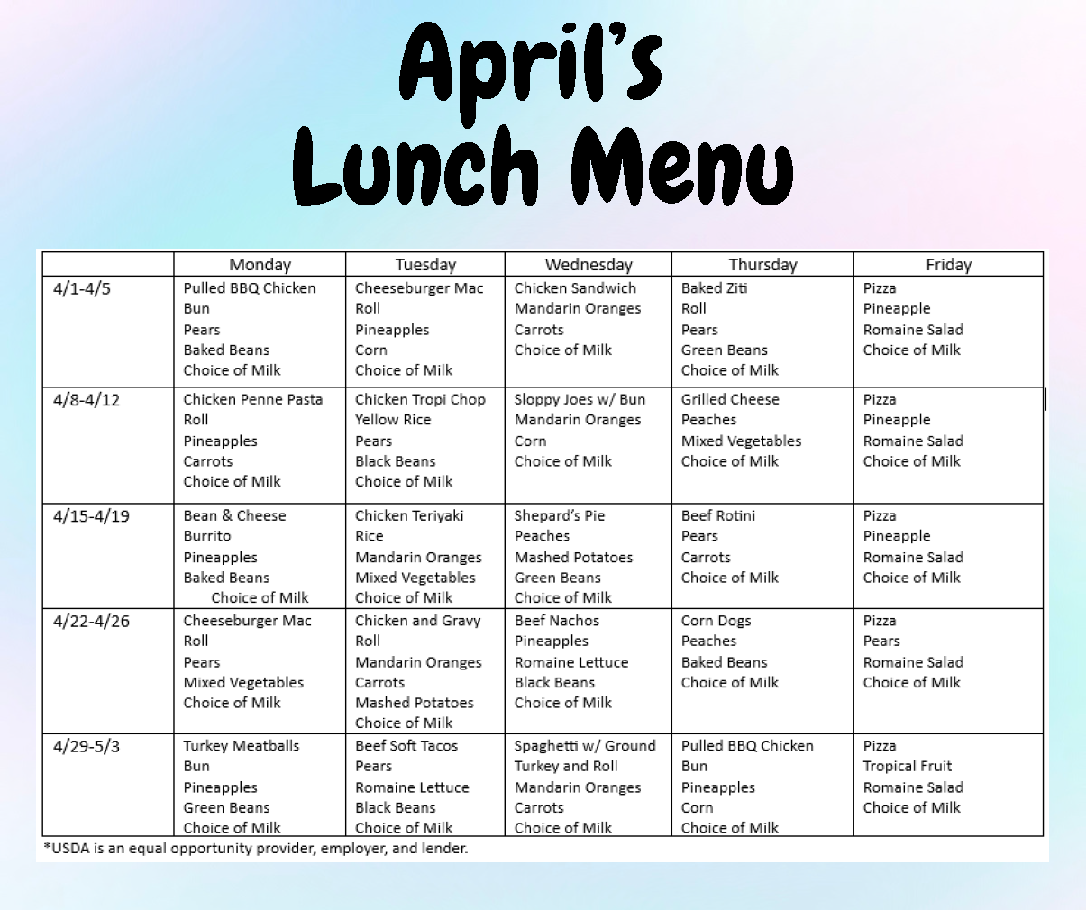 Lunch Menu - Christian Preparatory Schools