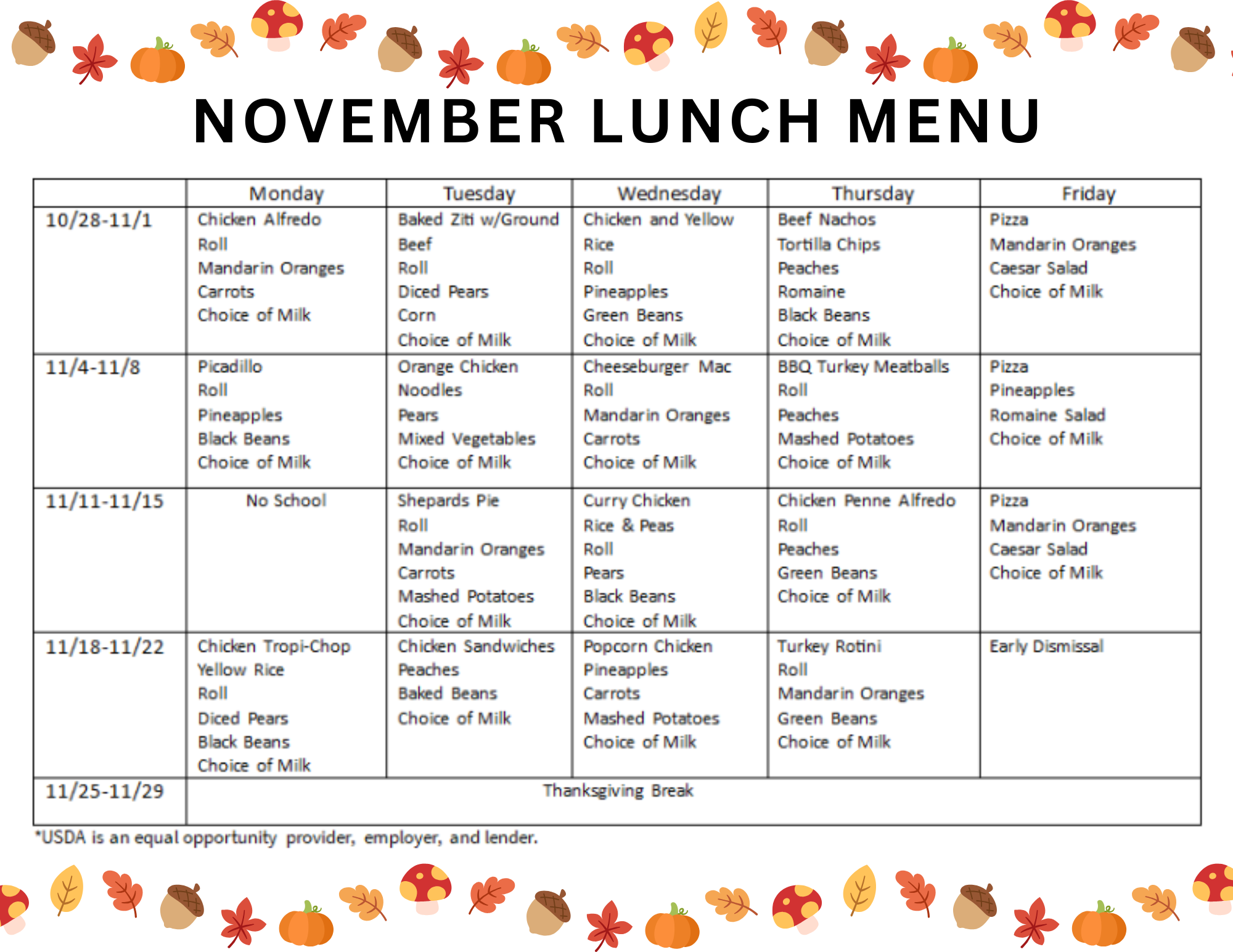 Lunch Menu - Christian Preparatory Schools
